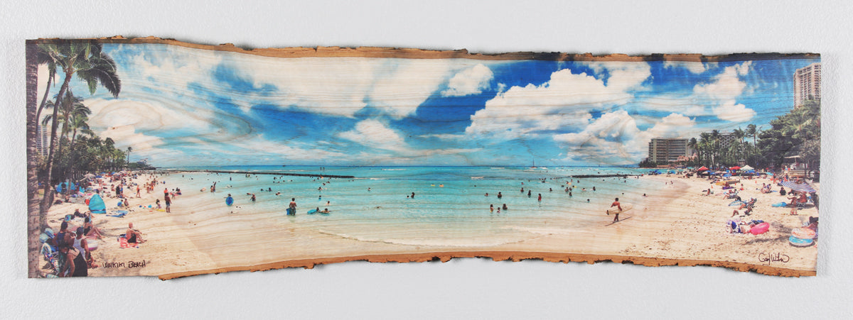 Panoramic Waikiki Beach printed on live edge. – Gerry Wilson Studios